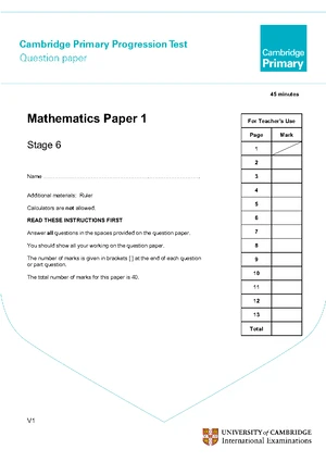 Cambridge Primary Checkpoint - Math Paper 1, Oct 2023 (0096) - Studocu