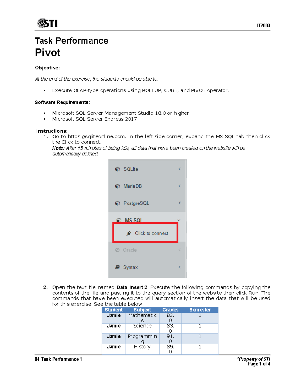 STI 04 Task Performance: Using PIVOT for OLAP Operations in SQL - Studocu