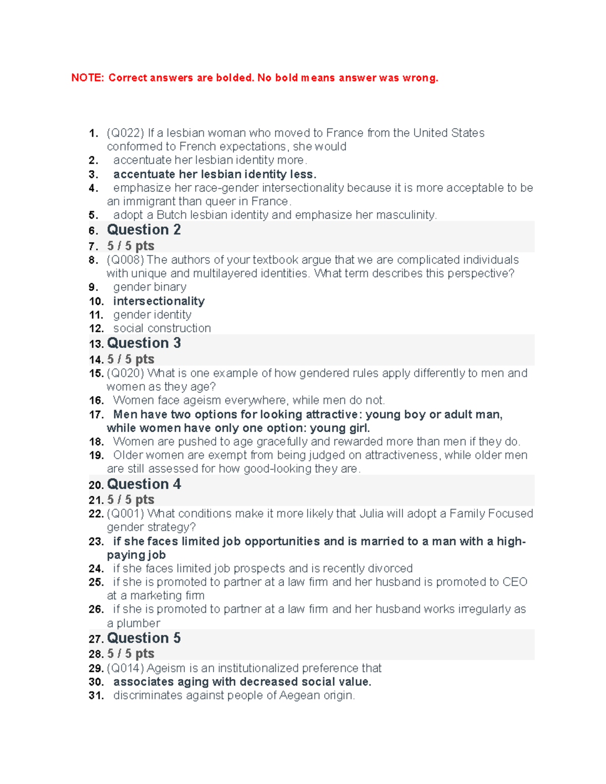 Gender and Society: Chapter 5 Quiz - NOTE: Correct answers are bolded ...