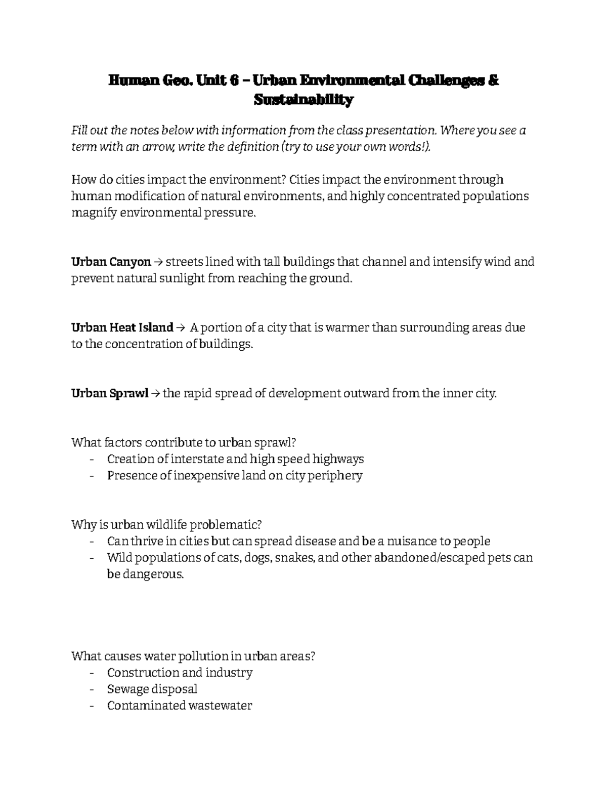 Human Geography Unit 6: Urban Env. Challenges & Sustainability Notes ...