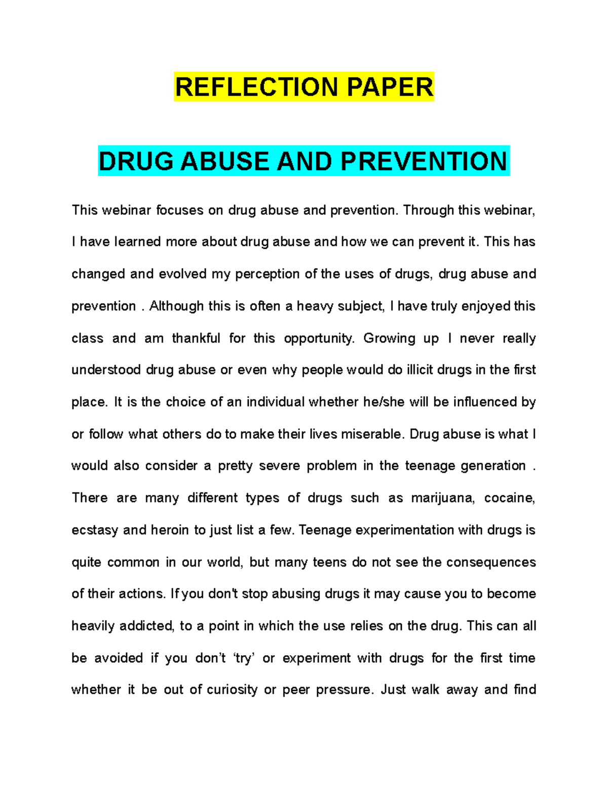 NSTP 3 - Reflection Paper - DRUG Abuse AND Prevention - REFLECTION ...