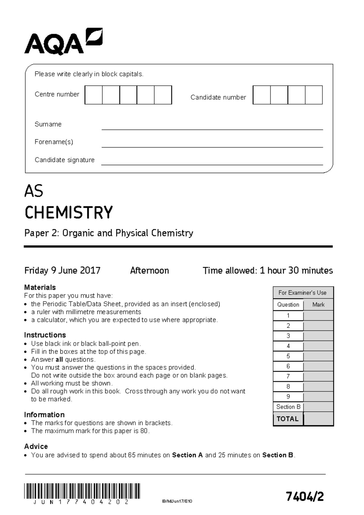 AS CHEMISTRY Paper 2: Organic & Physical Chemistry - June 2017 Exam ...
