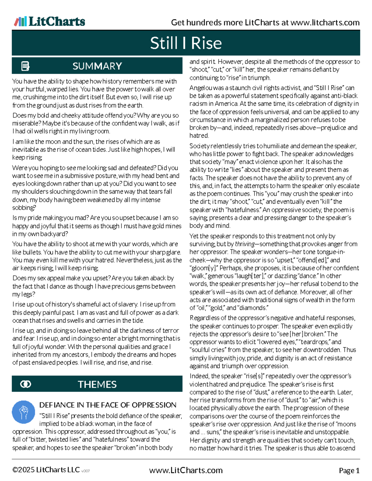 LitCharts Summary: Maya Angelou's "Still I Rise" Analysis - Studocu