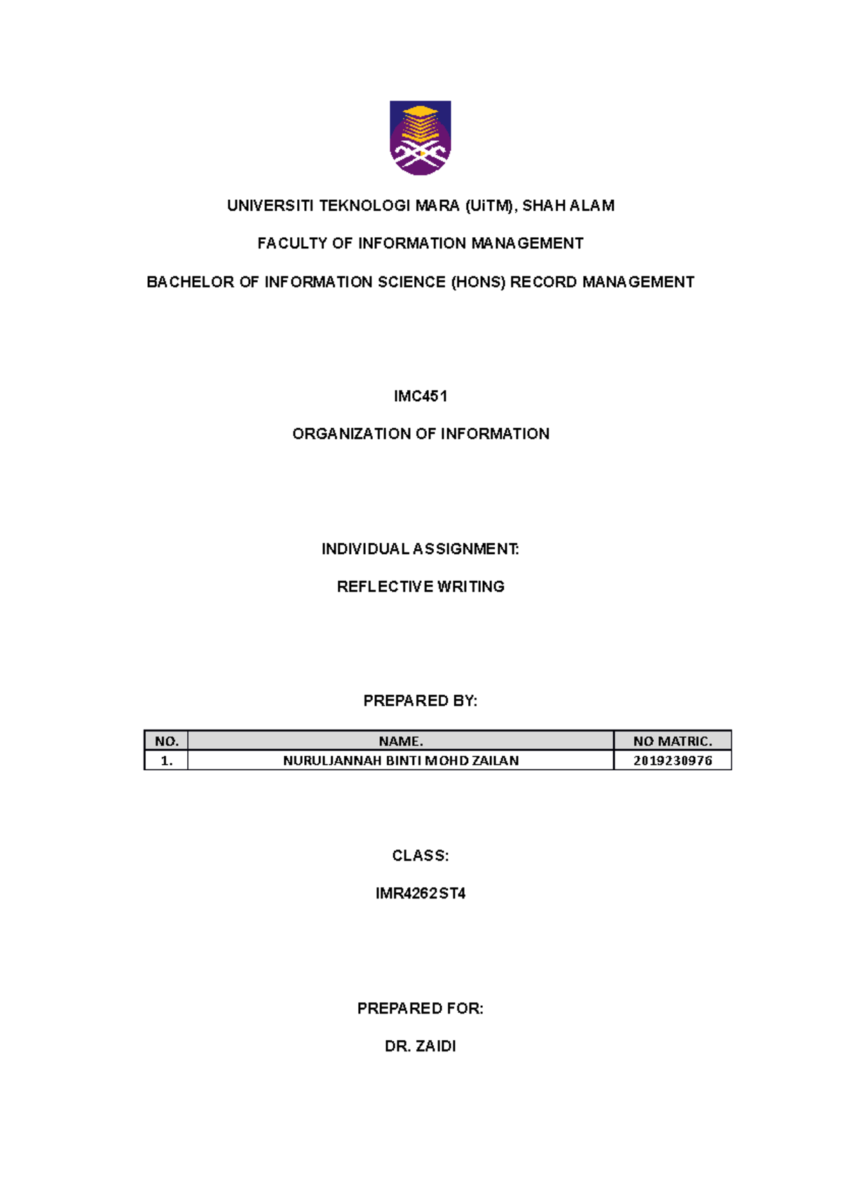 IMC451 Assignment Individual Semester One - UNIVERSITI TEKNOLOGI MARA ...