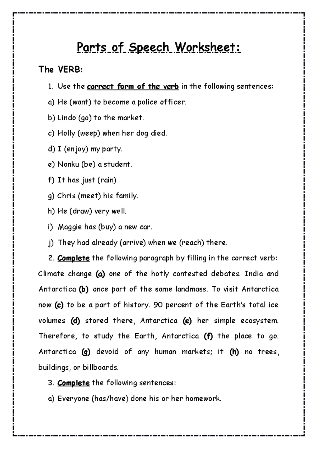Parts of Speech Worksheet - Use the correct form of the verb in the ...