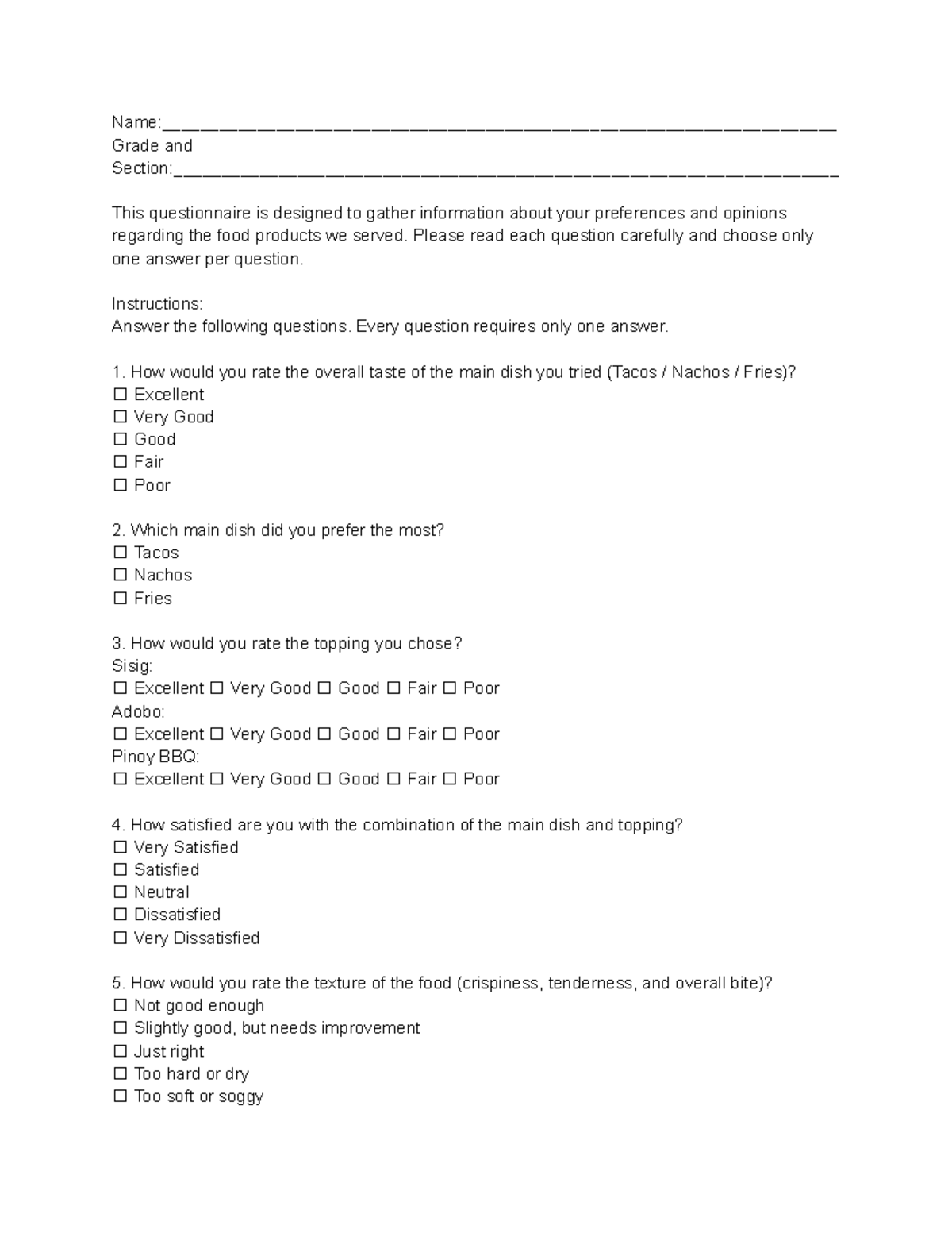 Food Preference Questionnaire: Your Feedback Matters! - Studocu