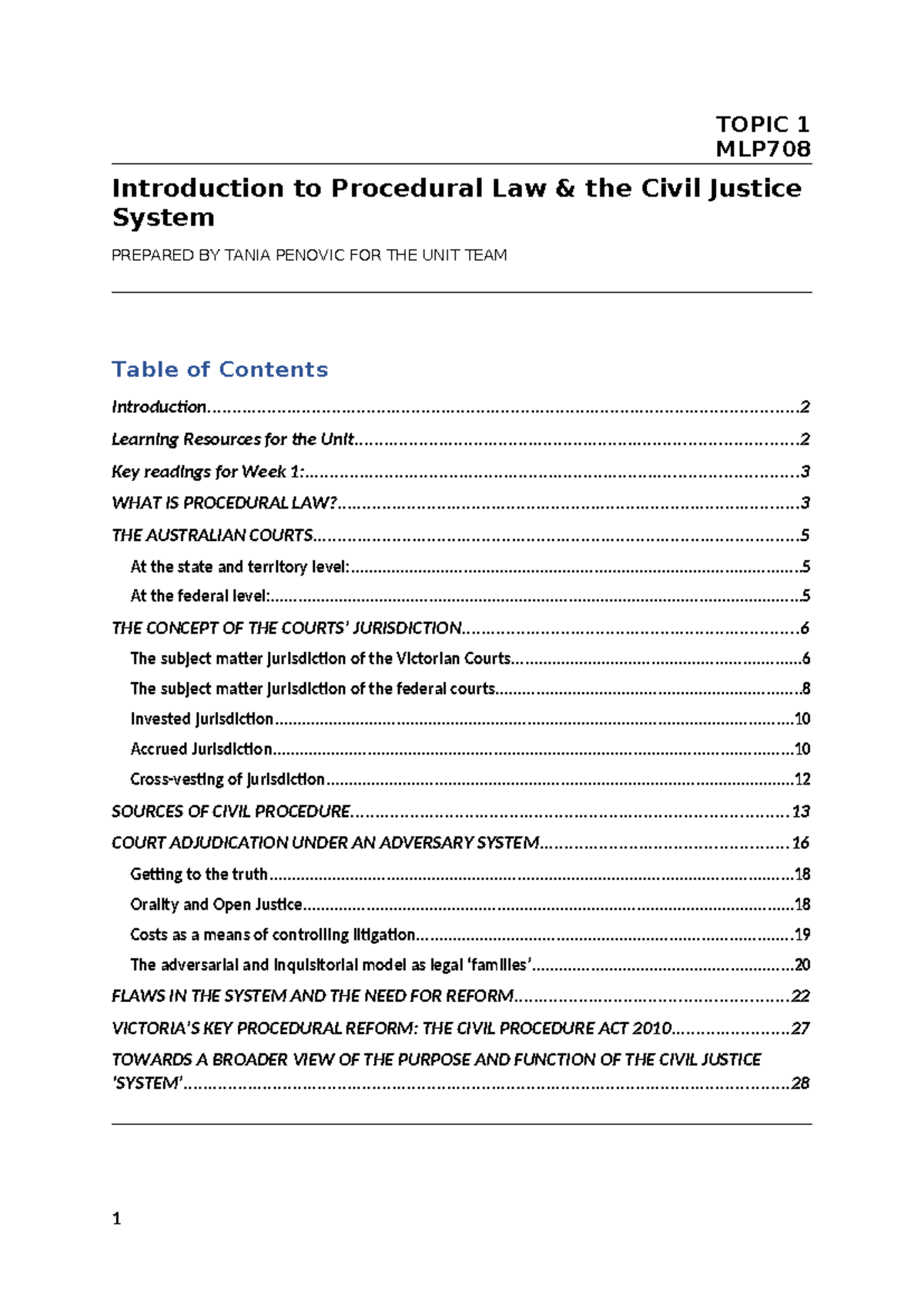 MLP708 Week 1 Study Guide: Introduction to Procedural Law and Civil ...