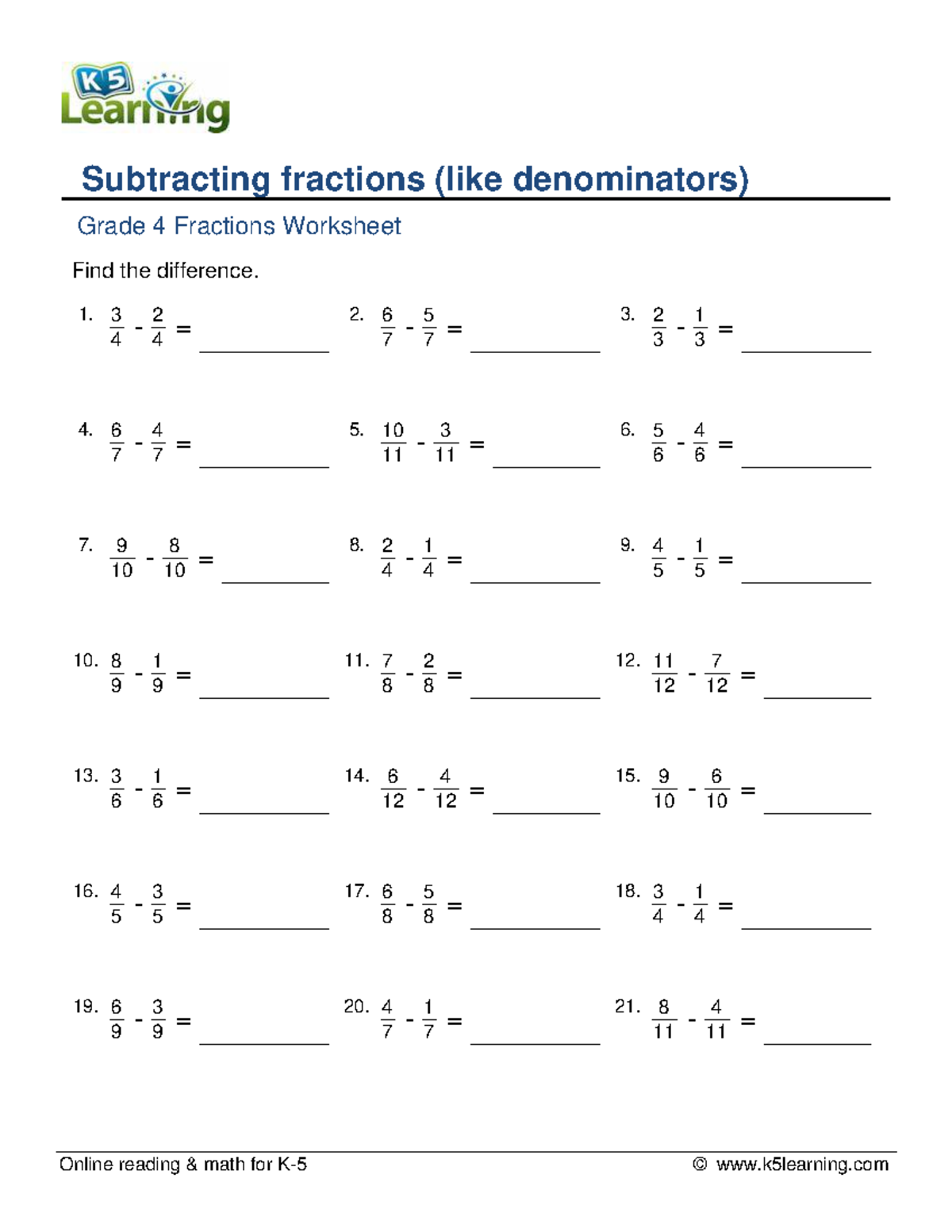 Grade 4 Fractions Worksheet: Subtracting Fractions with Like ...