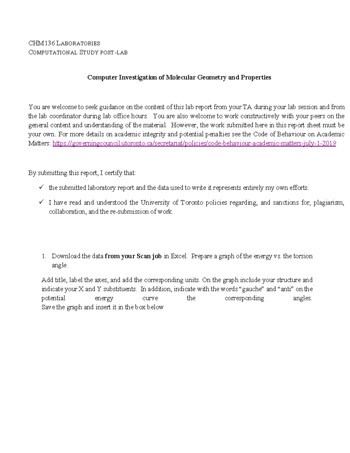 CHM136 Computational Experiment - CHM136 LABORATORIES COMPUTATIONAL STUDY POST-LAB Computer ...