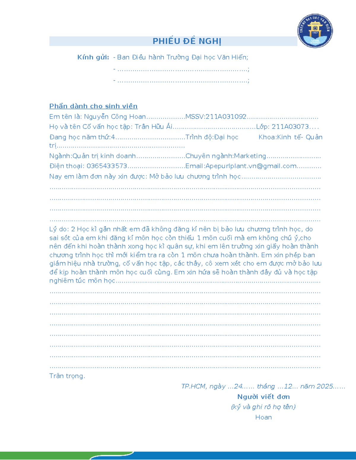 2025 QLDT Đơn Xin Mở Bảo Lưu Chương Trình Học - Studocu