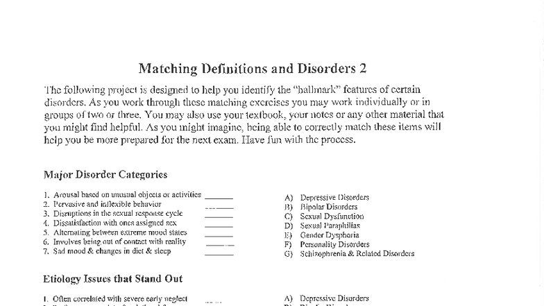 Matching Definitions and Disorders Study Guide: Key Concepts - Studocu