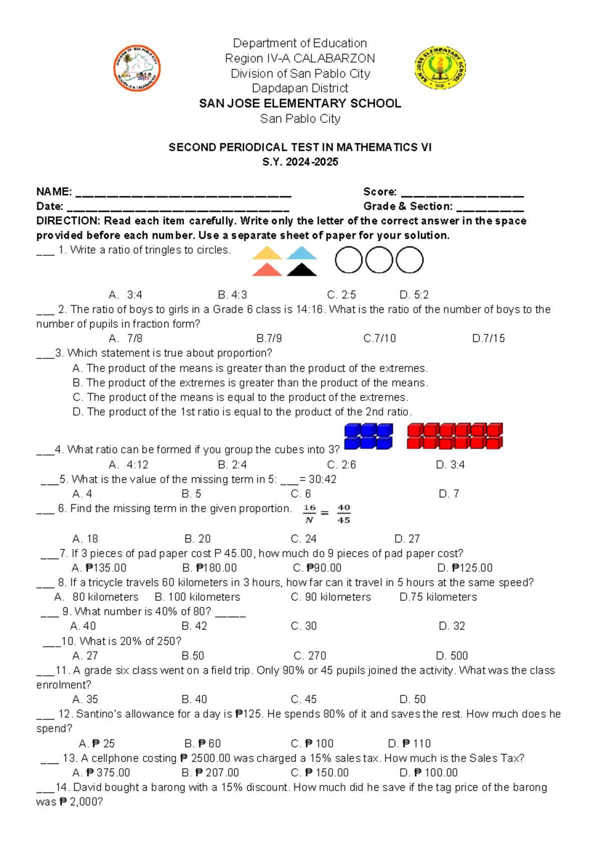 Second Periodical TEST IN MATH 6 2024-2025 - Department of Education ...