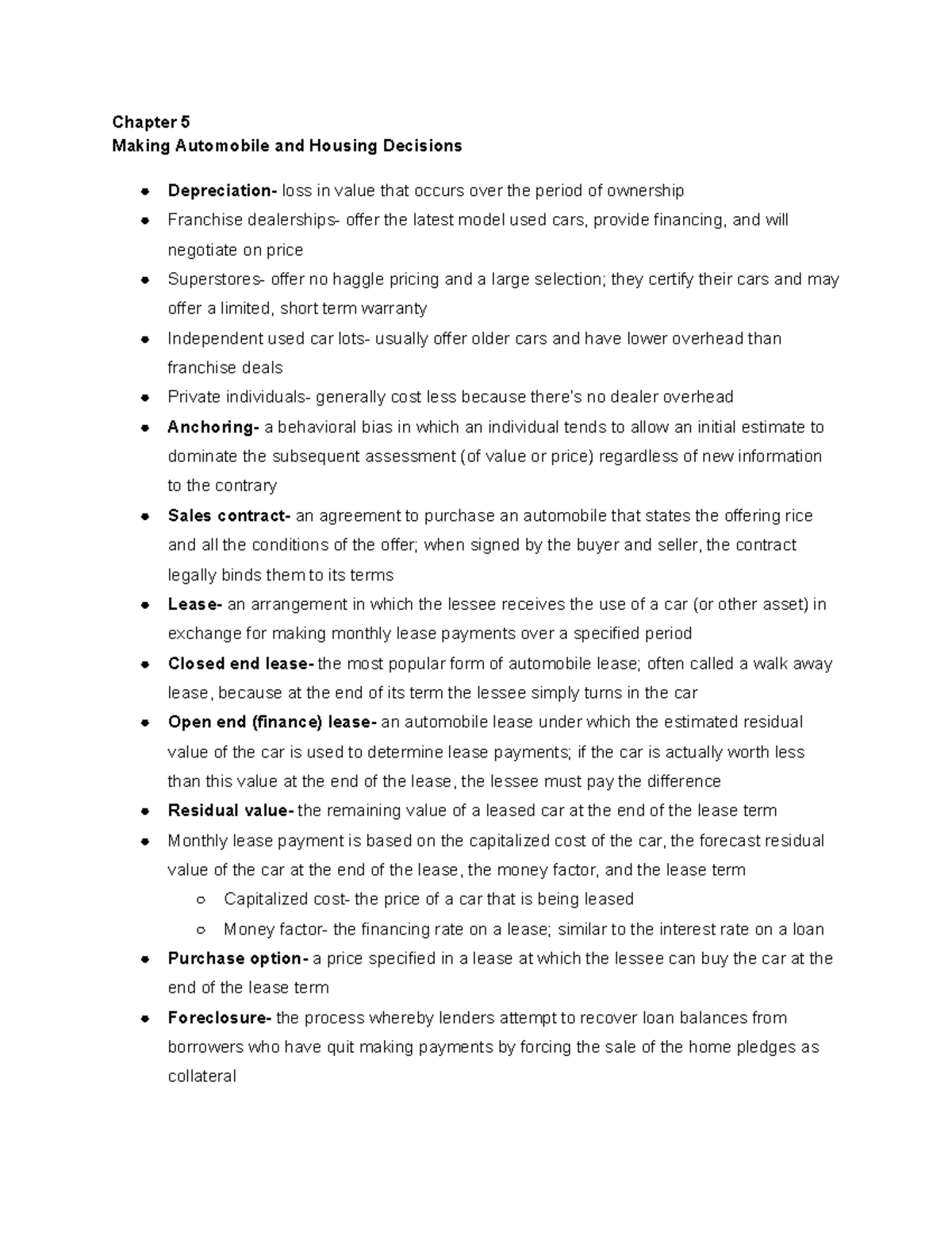 Chapter 5 Notes: Auto & Housing Decisions Overview - Studocu