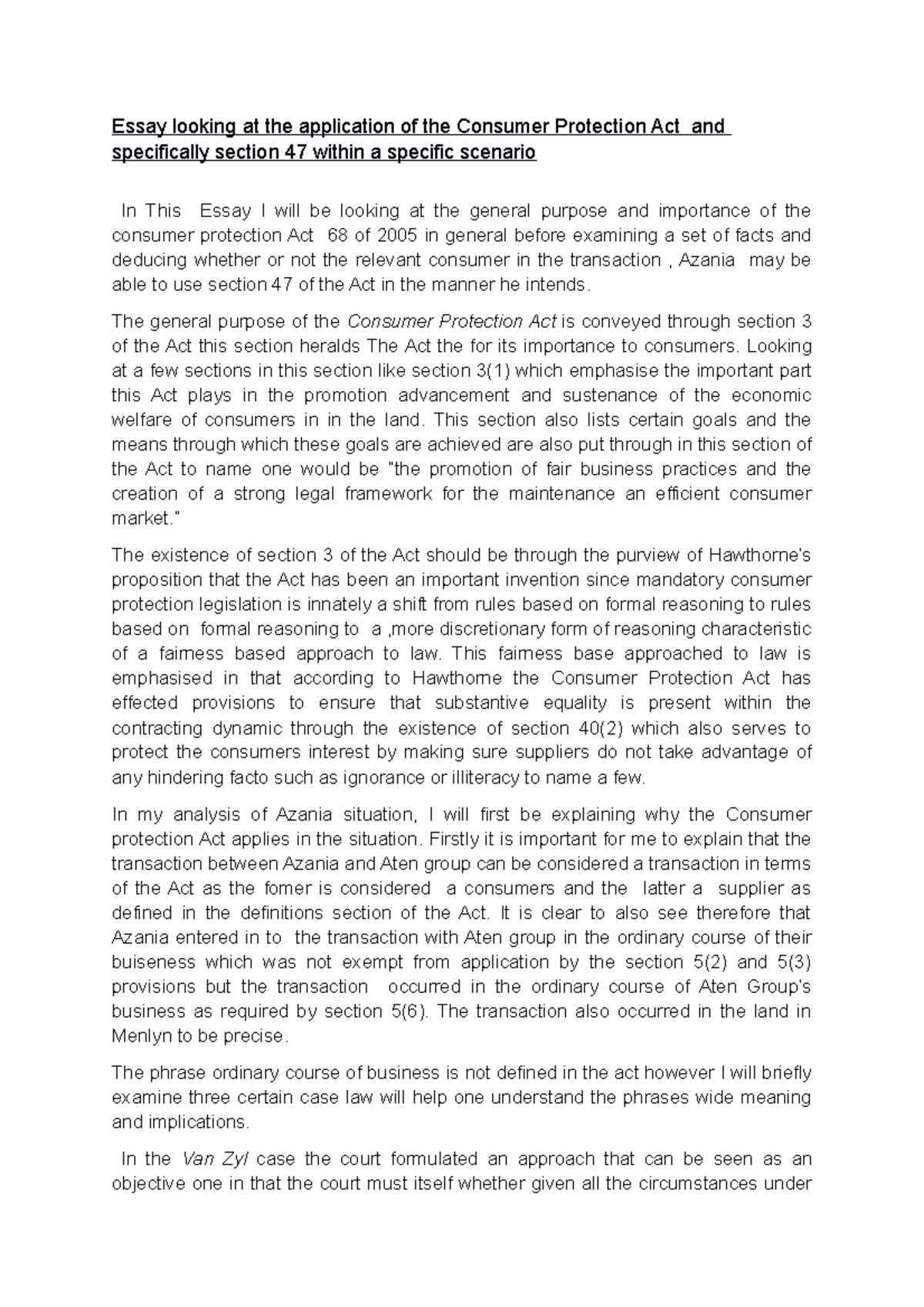 Vbb essay on consumer protection Act - Essay looking at the application ...