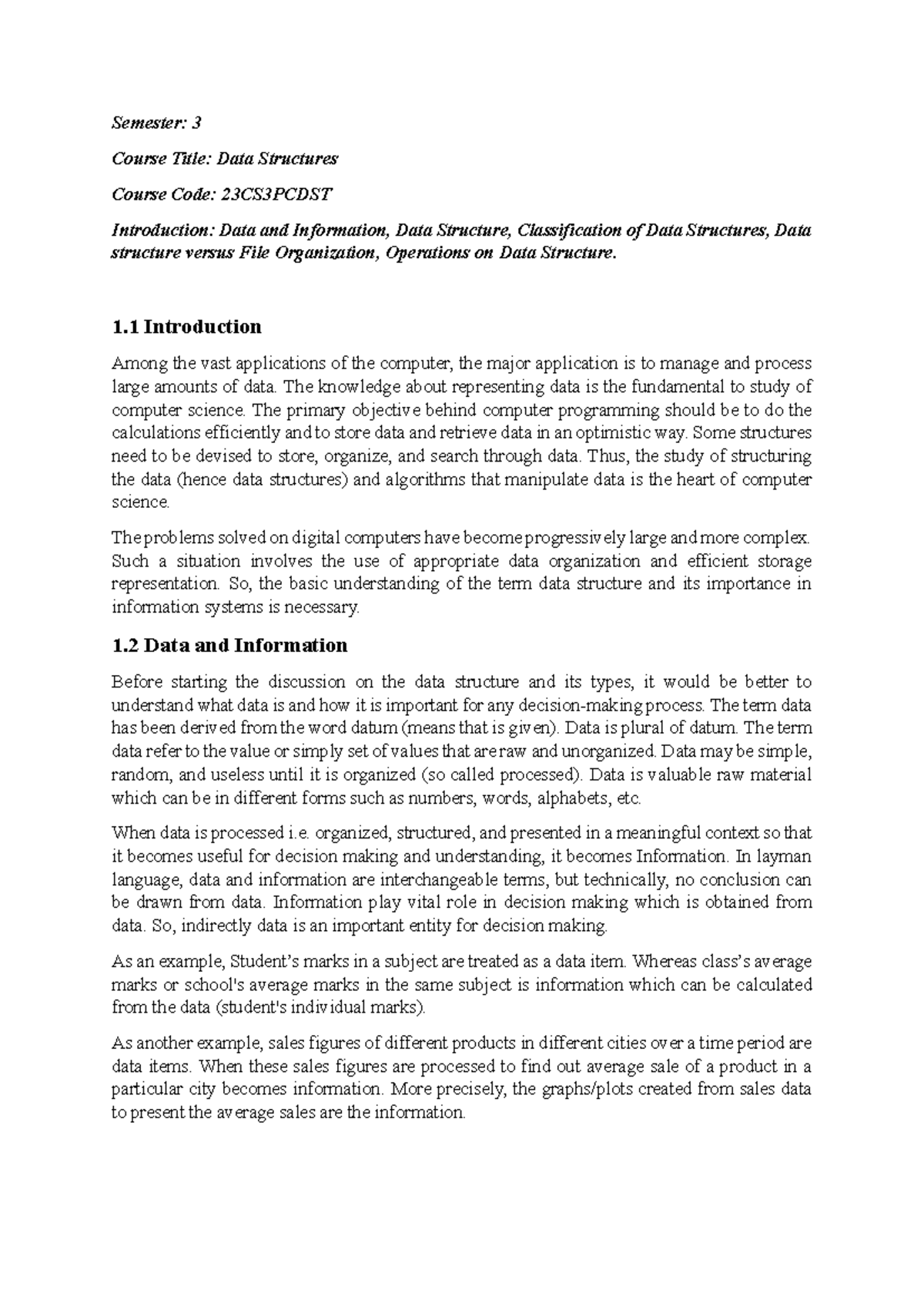 23CS3PCDST: Data Structures Notes - Introduction and Classification ...