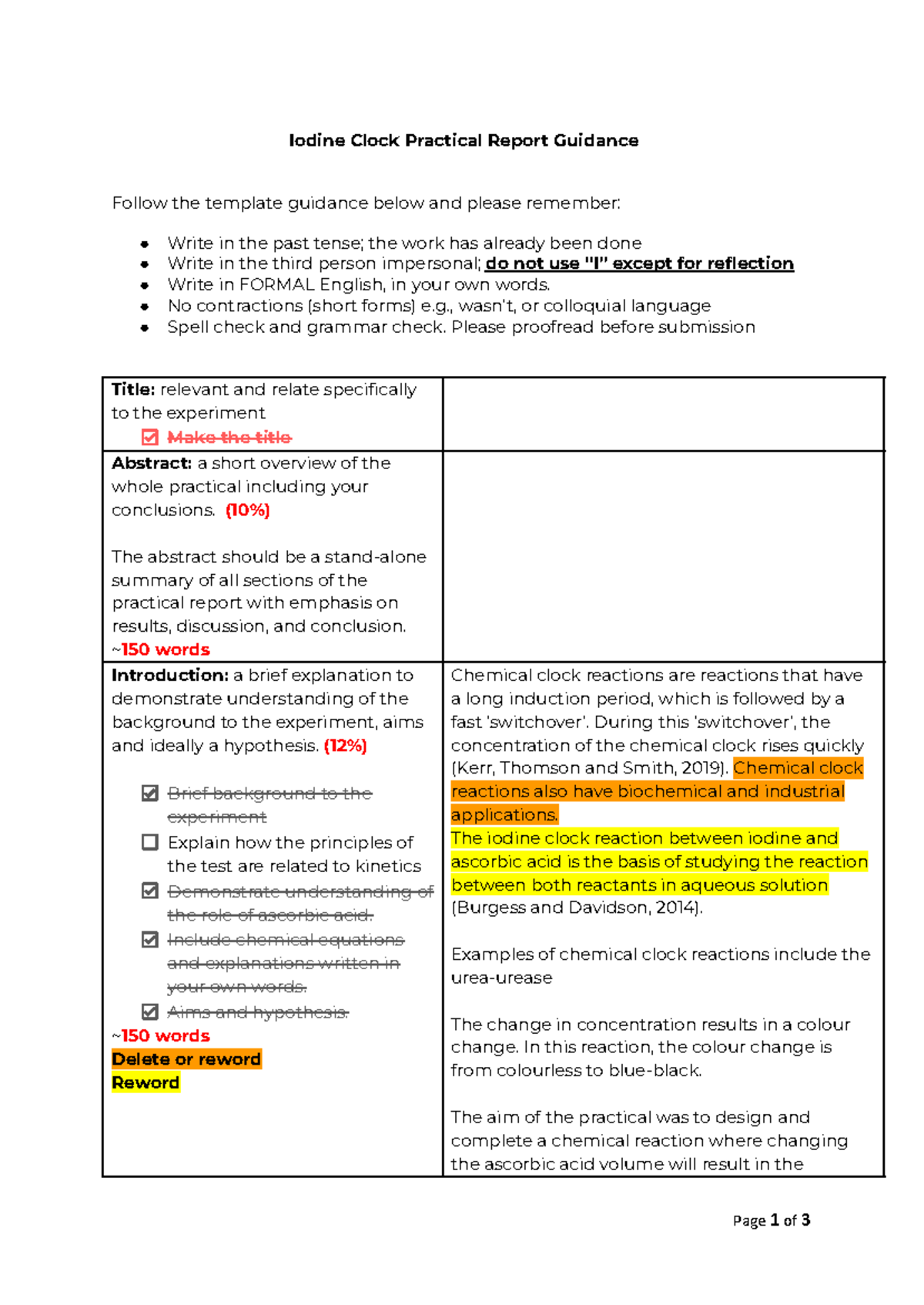 Iodine Clock Experiment Practical Report Guidance (Chem 101) - Studocu