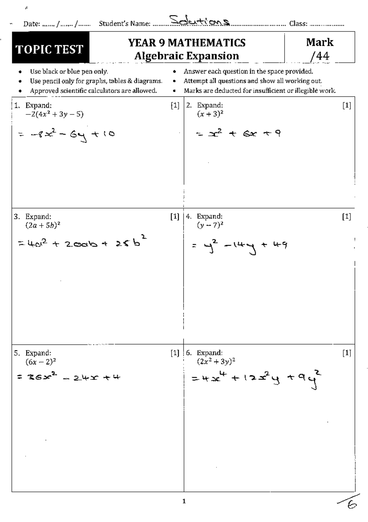 2024 YEAR 9 MATHEMATICS Topic Test Solutions: Algebraic Expansion - Studocu