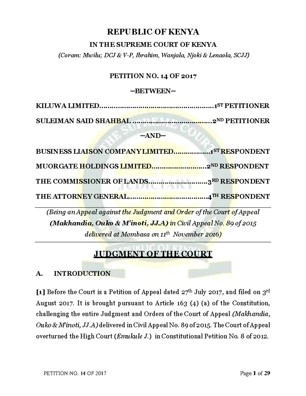 Supreme Court of Kenya Judgment: Petition No. 14 of 2017 Analysis - Studocu