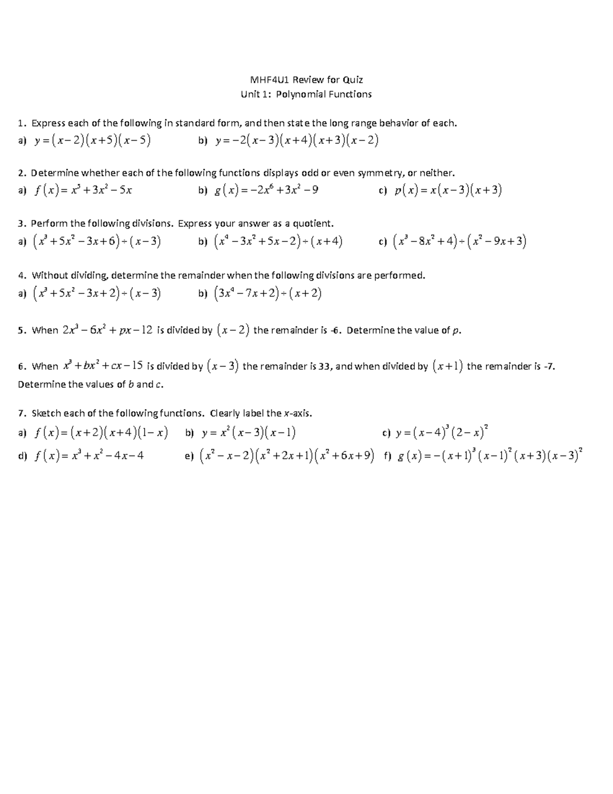 MHF4U1 Quiz Review: Polynomial Functions & Long Range Behavior - Studocu