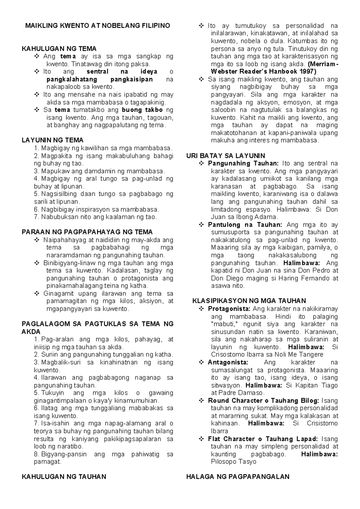 MAIKLING KWENTO AT NOBELA: KAHULUGAN NG TEMA AT TAUHAN - Studocu