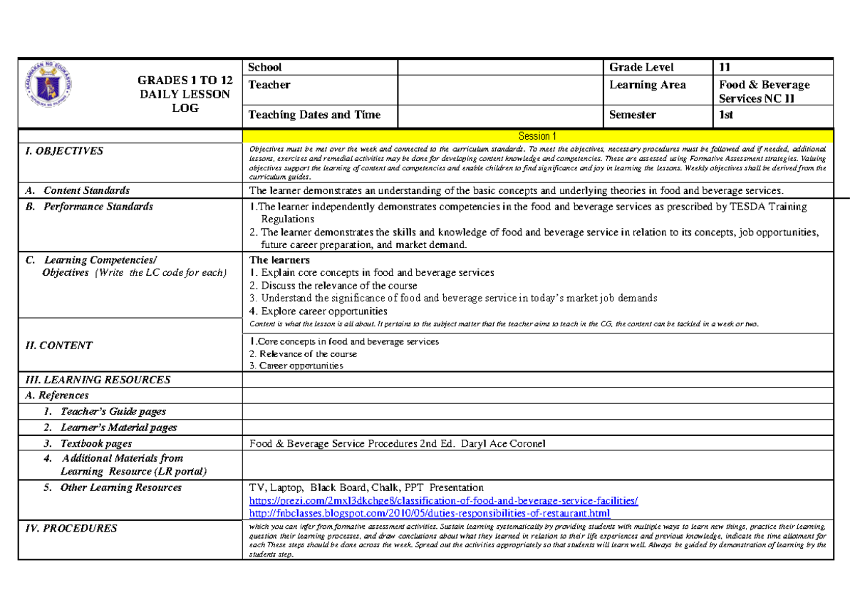 DLL-FBS Grade 11 Daily Lesson Log for 1st Semester Activities - Studocu