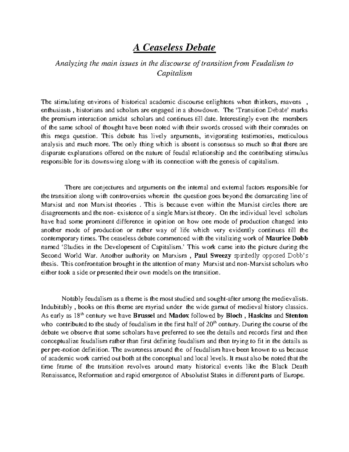 Transition from Feudalism to Capitalism: A Historical Discourse ...