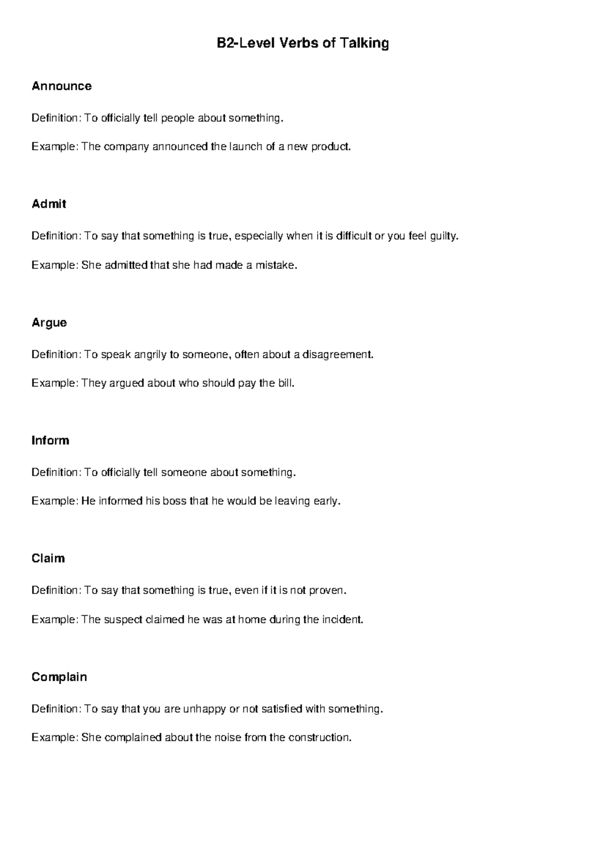 B2 Verbs of Talking - Definitions and Examples - Studocu
