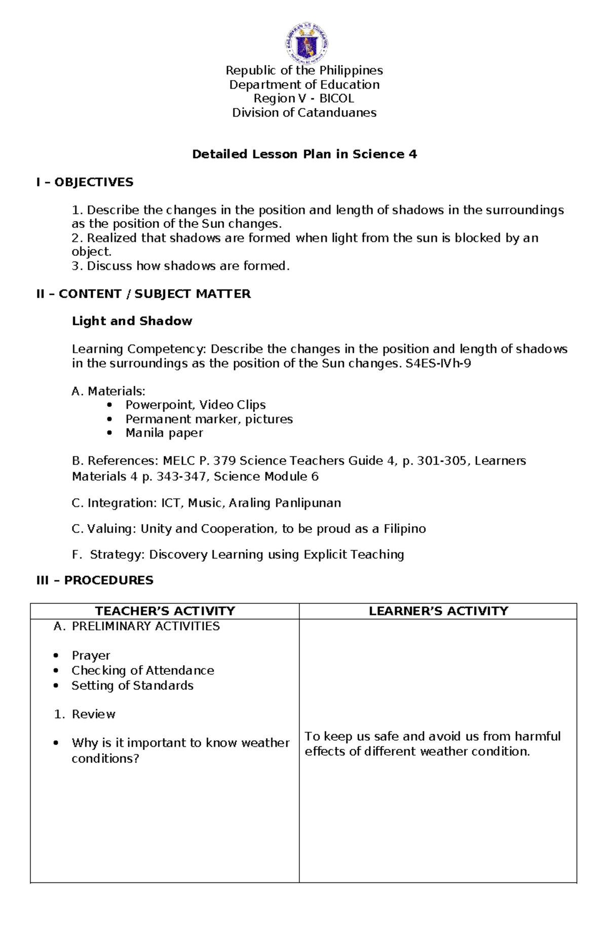 DLP Science 4 Q4 MELC 6 - Republic of the Philippines Department of ...