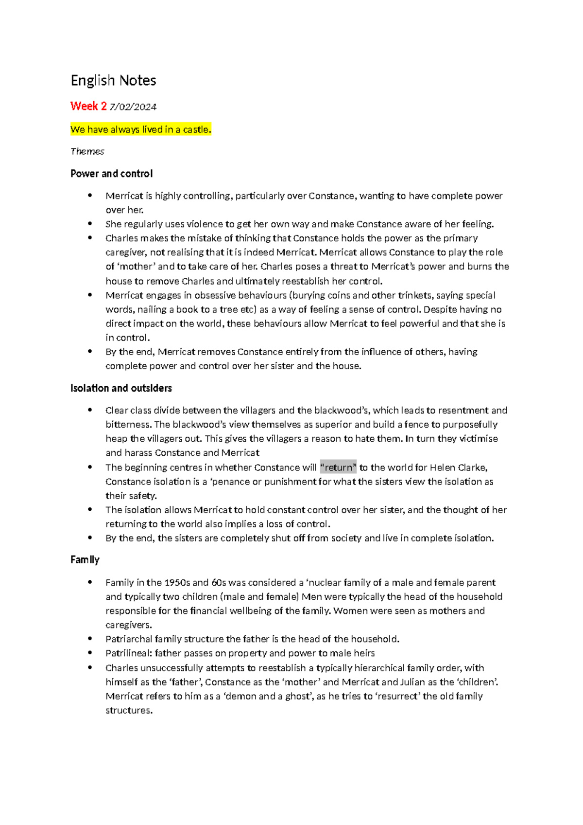 English Notes - Themes and Literary Devices in "We Have Always Lived in ...