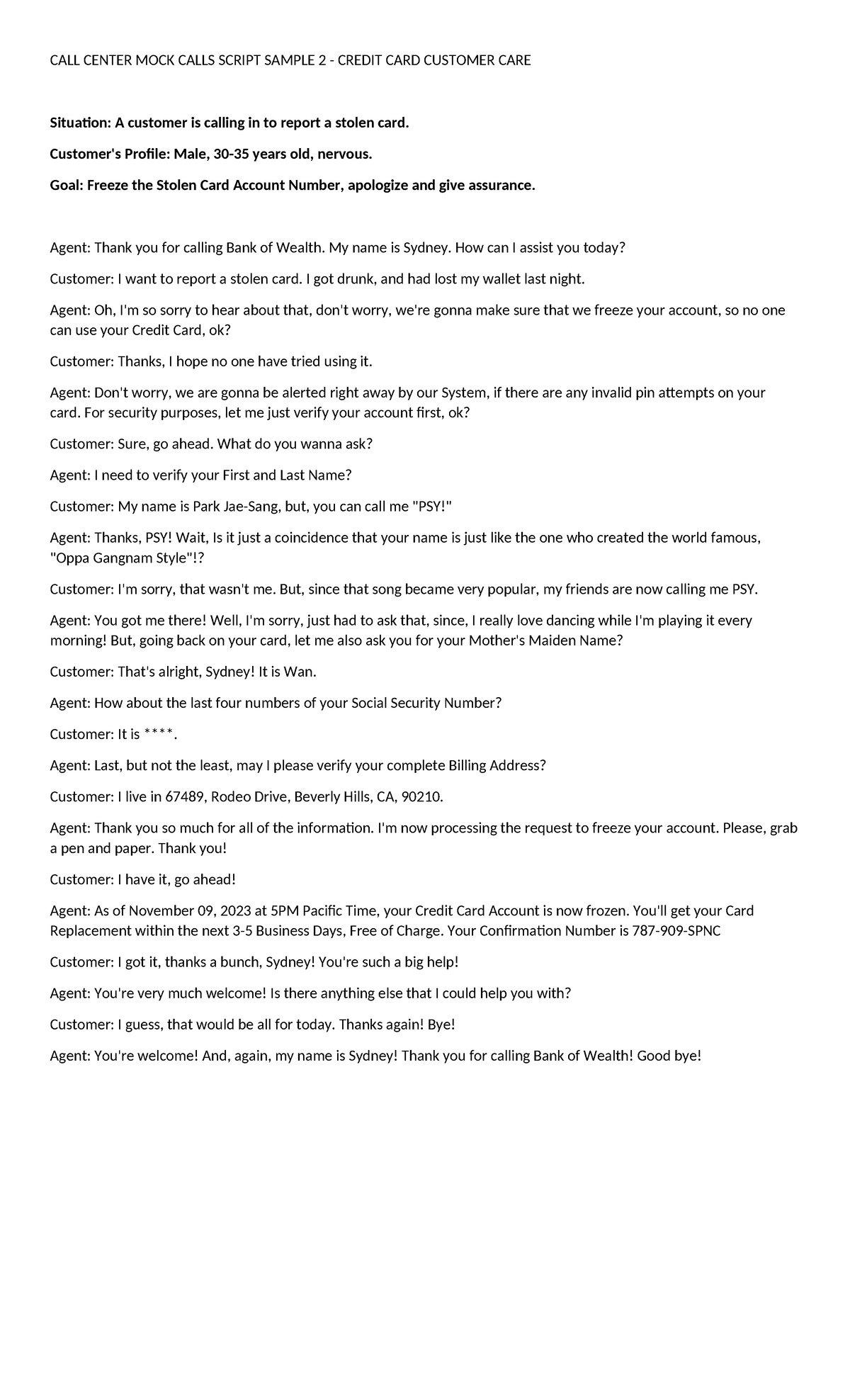CALL Center Mock Calls Script 2: Stolen Credit Card Report - Studocu