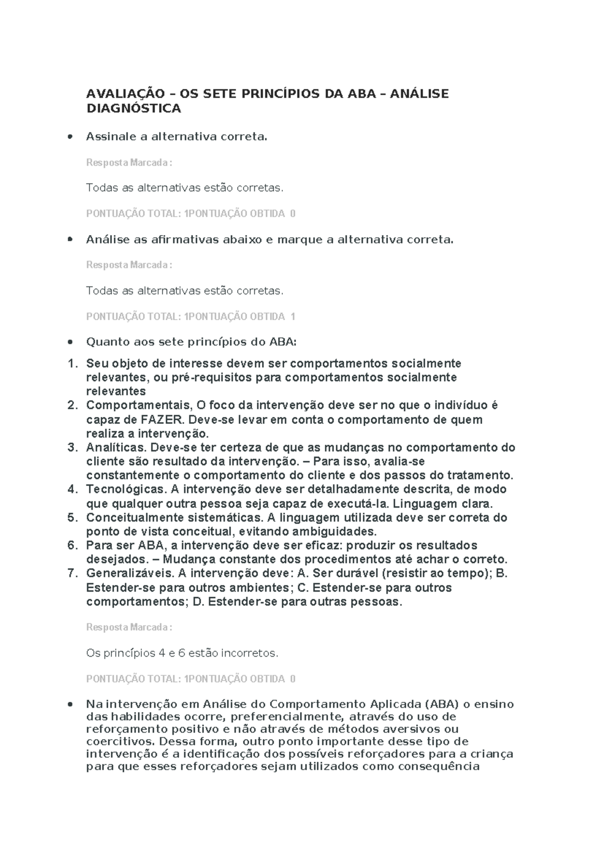 Avaliação dos 7 Princípios da ABA - Análise Diagnóstica - Studocu