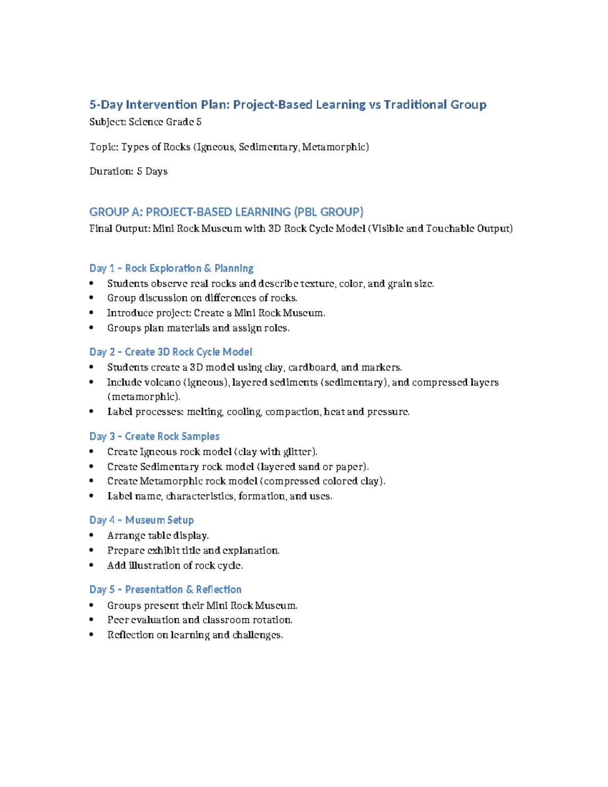 5-Day Intervention Plan: PBL vs Traditional Science (Grade 5) - Studocu