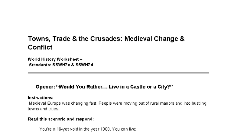 Towns, Trade & the Crusades: Medieval Change & Conflict Worksheet ...
