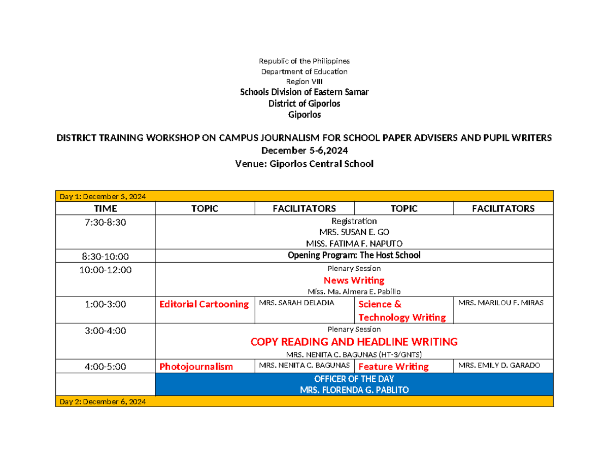 Training Matrix for Campus Journalism Workshop (Dec 2024) - Studocu