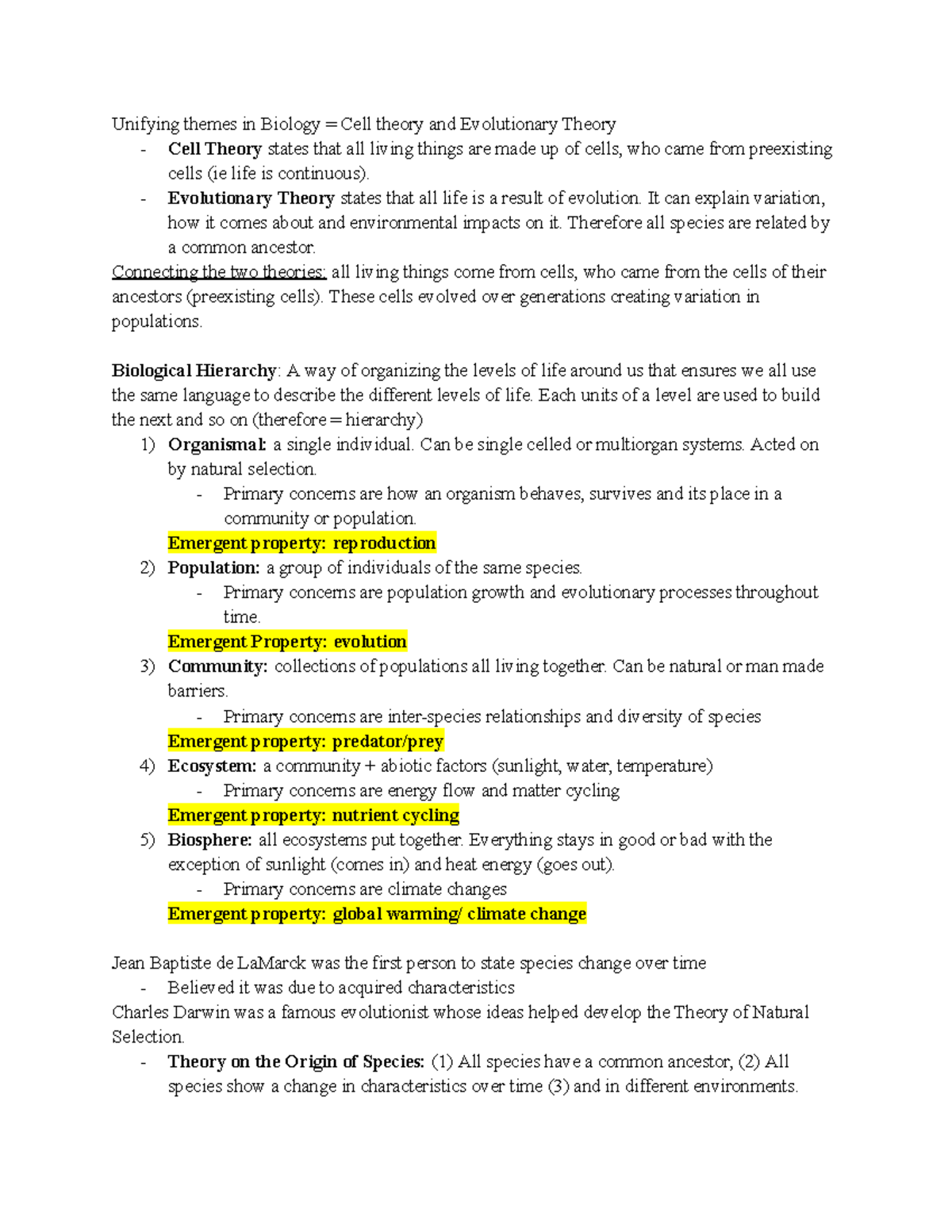 Bio114: Condensed Notes for Test 1 on Cell & Evolutionary Theories ...