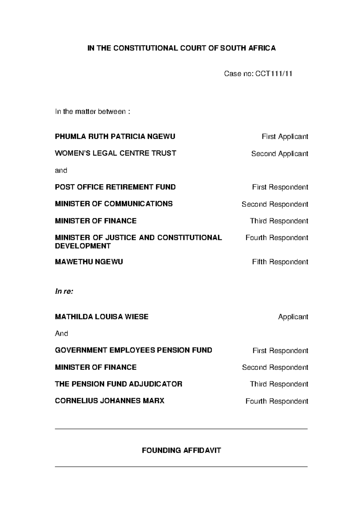 Founding Affidavit of Phumla Ruth Patricia Ngewu - Case CCT111/2011 ...