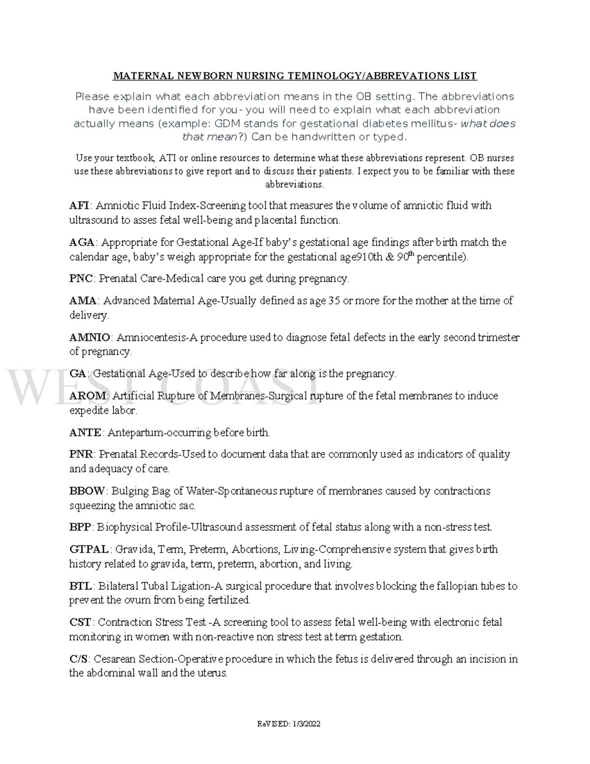 OB Terminology & Abbreviations for Maternal Newborn Nursing - Studocu