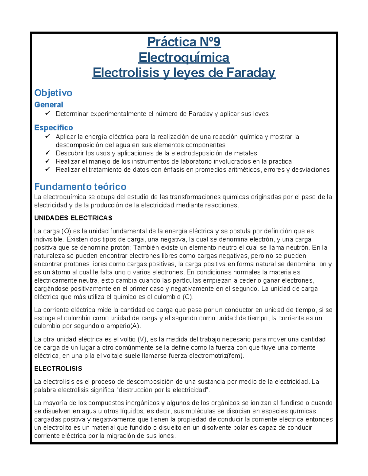Práctica Nº 9: Electroquímica y Leyes de Faraday - Studocu