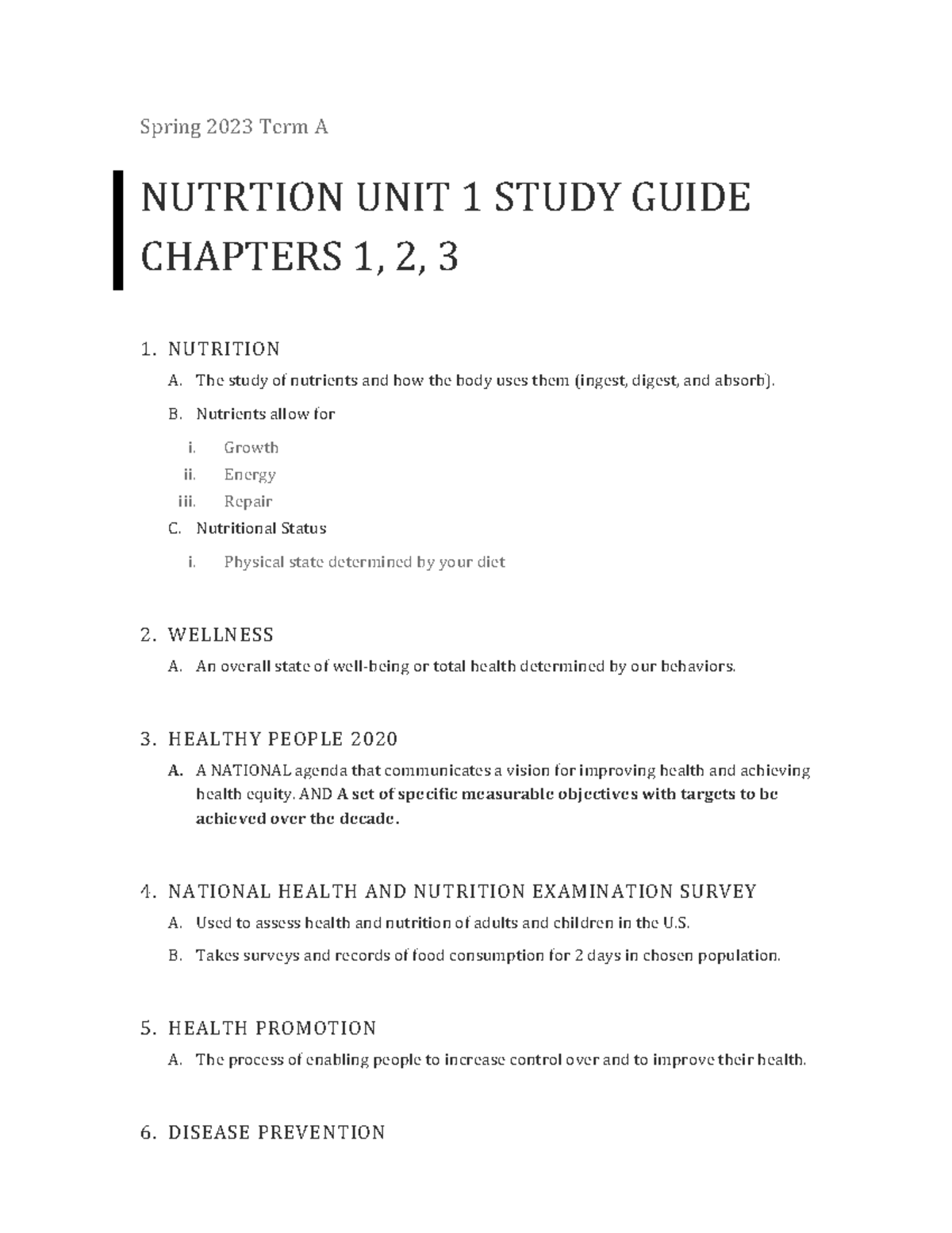 Nutrition Unit 1 Study Guide - Spring 2023 Term A NUTRTION UNIT 1 STUDY ...