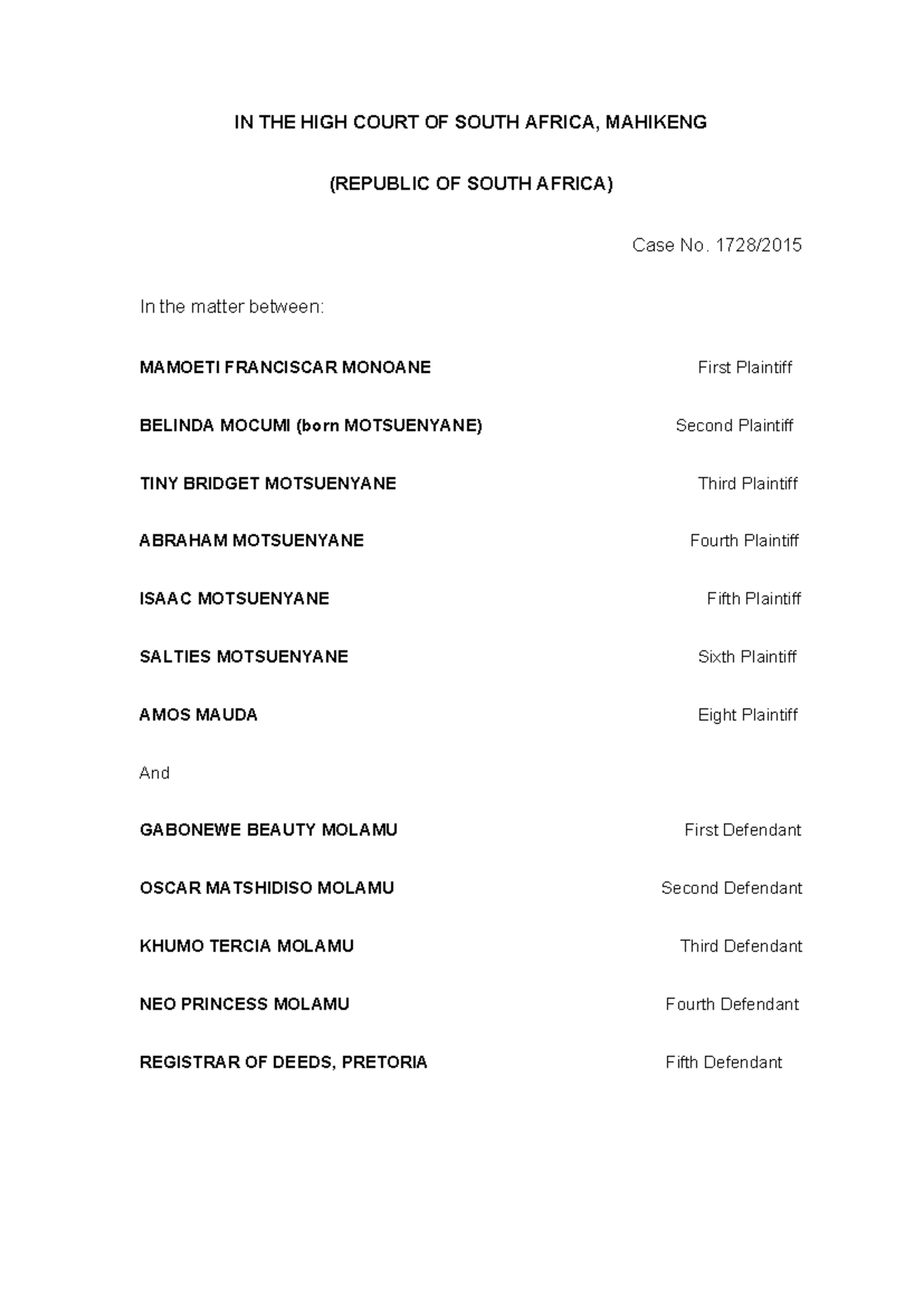 Request for Further Particulars - Case No. 1728/ High Court SA - Studocu