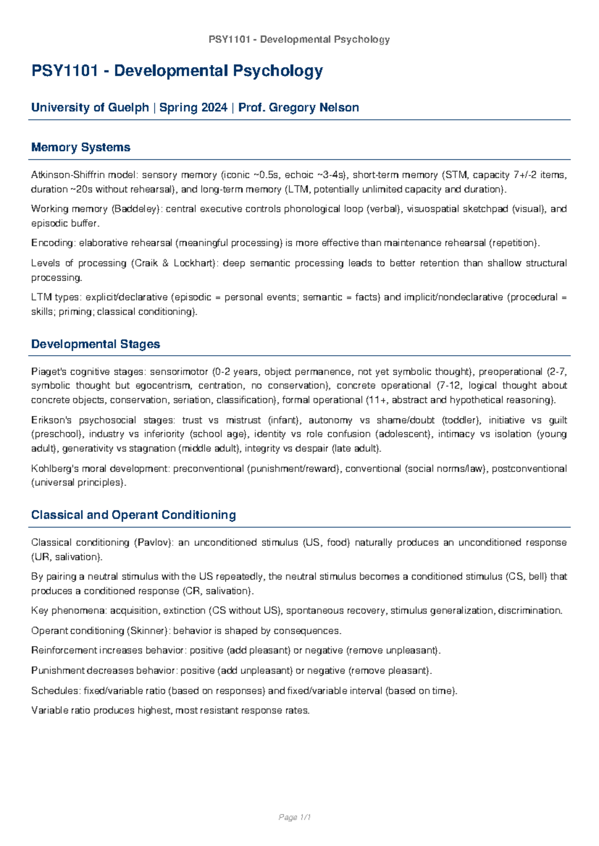 PSY1101 Developmental Psychology Study Notes - Spring 2024 - Studocu