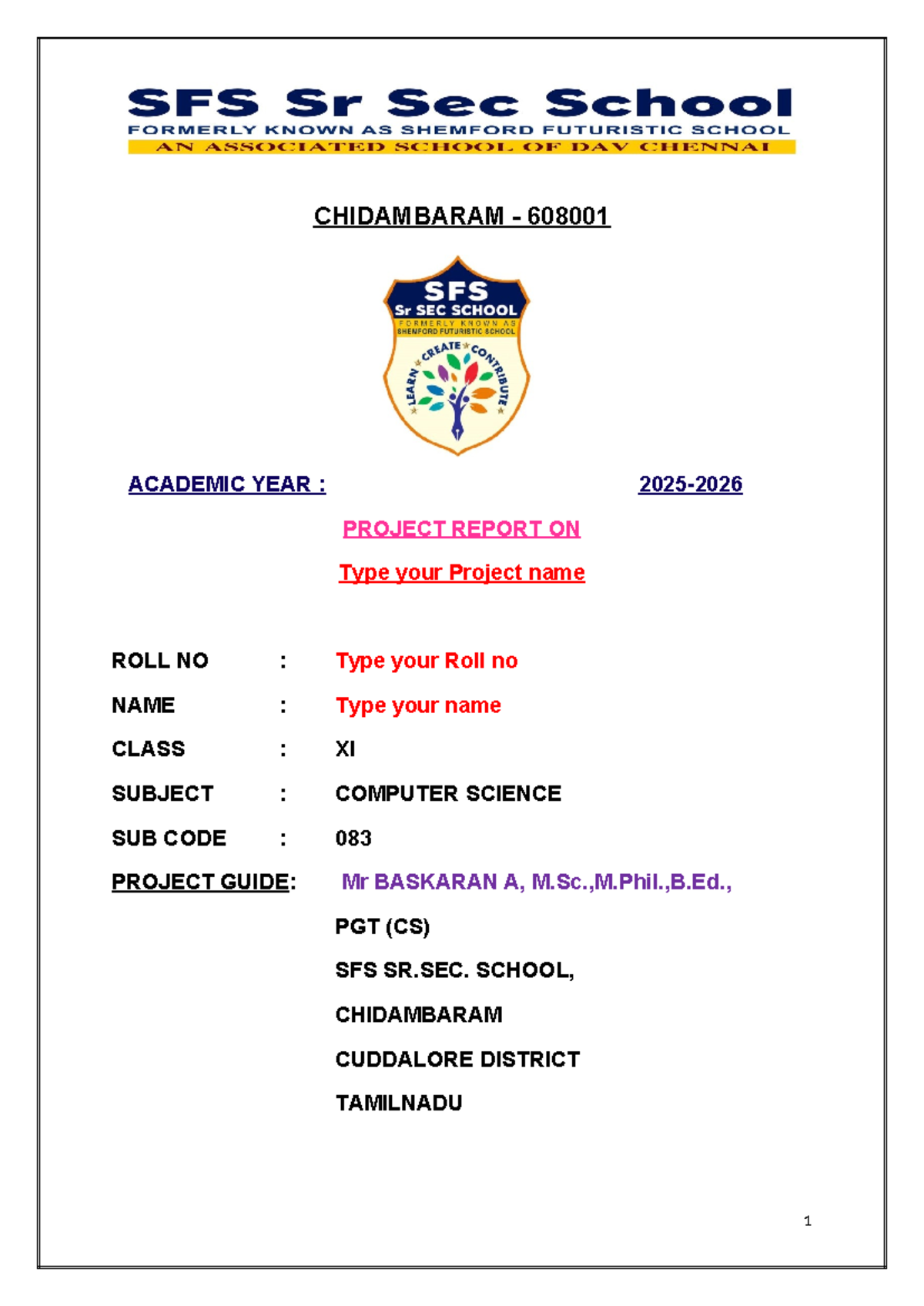 Project Report XI: Computer Science (083) - SFS School - Studocu