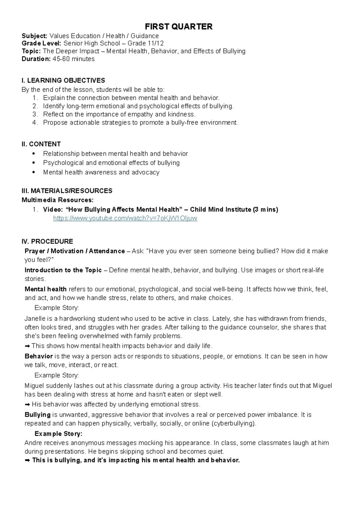 Bullying Integration: Sample Lessons & Activities (Q1) - Studocu