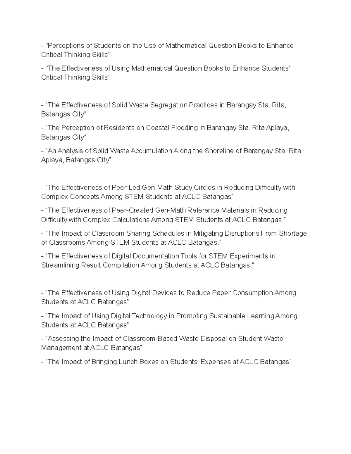 Research Titles on Enhancing Critical Thinking and Waste Management in ...