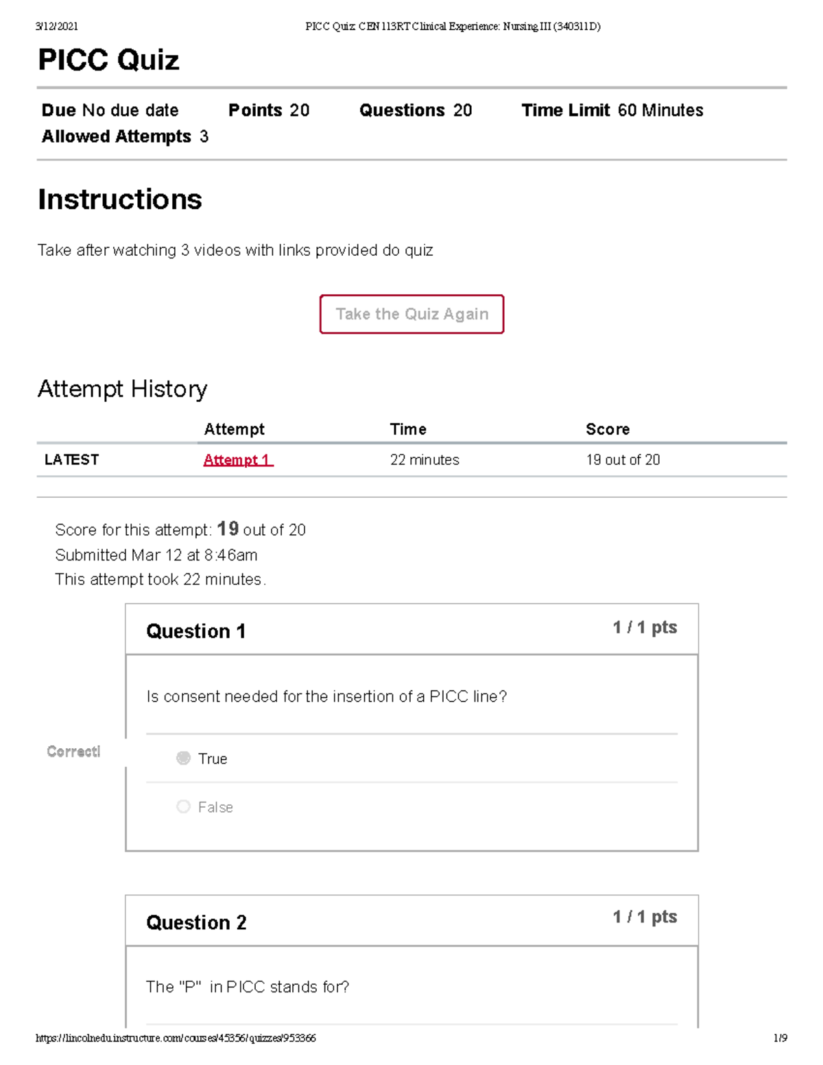PICC Quiz for Nursing III (340311 D): Clinical Experience Insights ...