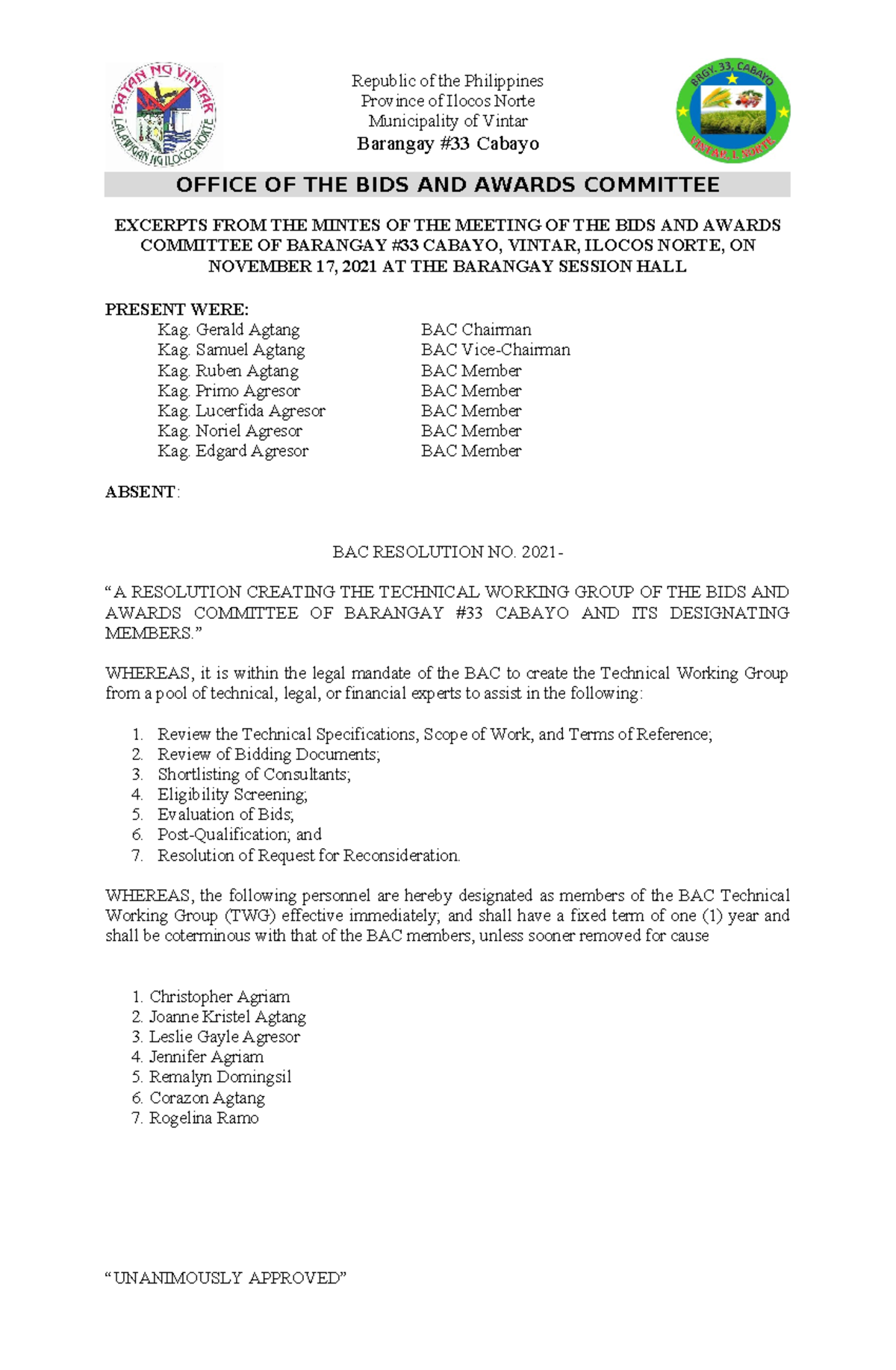 BAC Resolution No. 2021: Creation of TWG for Barangay #33 Cabayo - Studocu