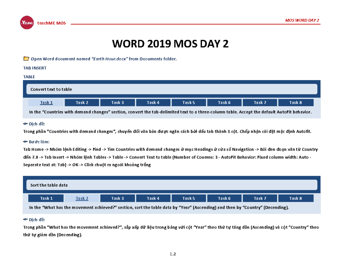 MOS WORD 2019 DAY 2: Tasks and Instructions - Studocu