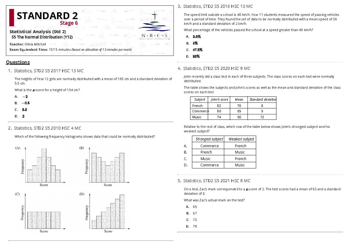 Year 12 Statistics: Normal Distribution HSC Exam Notes (STD2 S5) - Studocu
