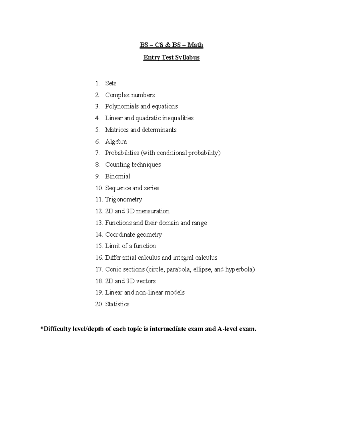 Syllabus-bscs-bsmath - BS – CS & BS – Math Entry Test Syllabus Sets ...