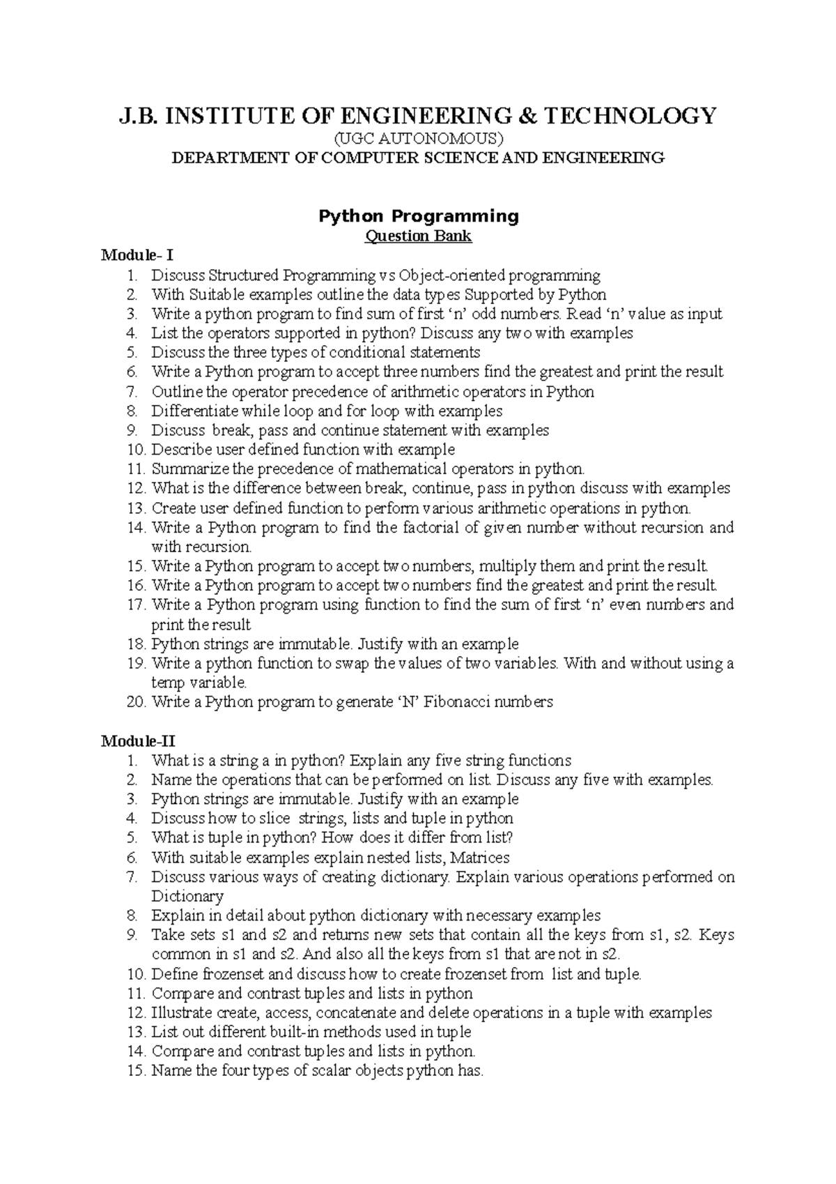 Python Programming Question Bank - CSE 101 (Module I to V) - Studocu